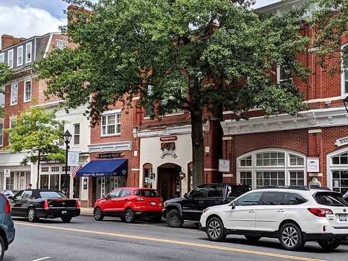 Mature trees shade Easton's main thoroughfare, creating a postcard-perfect scene of small-town American charm.