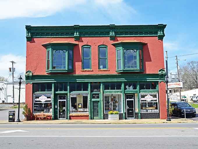 This colorful building pops like a vintage Valentine, proving small-town architecture can be bold and beautiful simultaneously.