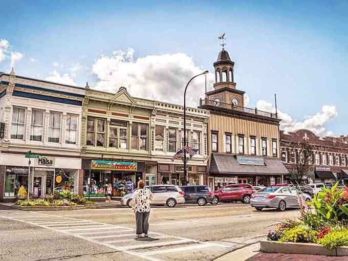 Geneva's charming storefronts invite you to explore this beautiful town under a sunny sky in historic Illinois.