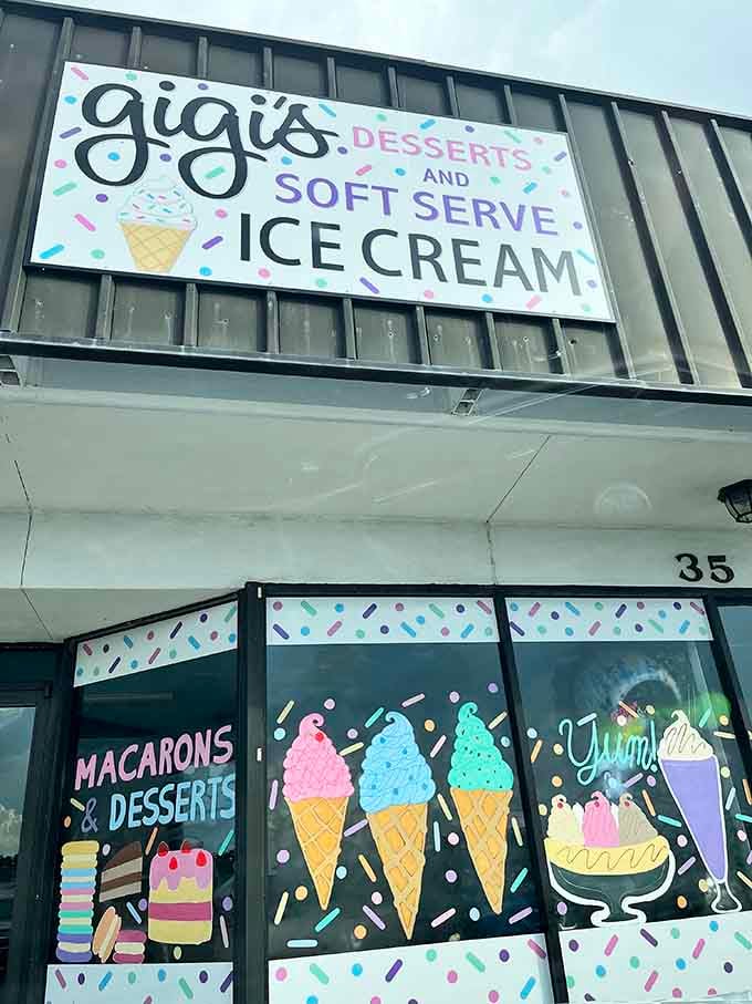 Those colorful cone illustrations practically dance across the glass, celebrating every scoop served inside with pure enthusiasm.