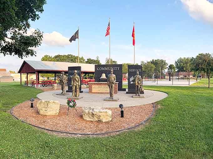 A memorial honoring service and sacrifice stands as the heart of a community that remembers its heroes.