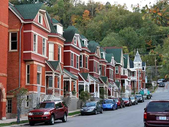 These red brick rowhouses march up the hillside in perfect formation, creating a postcard-worthy scene.