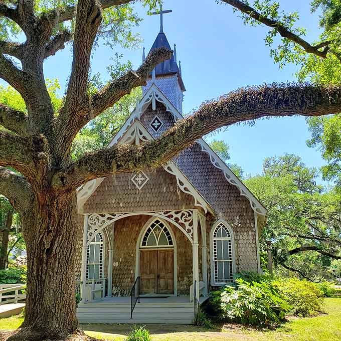 Ancient oaks embrace this beautiful chapel with their branches, creating a natural cathedral that's been growing for centuries.