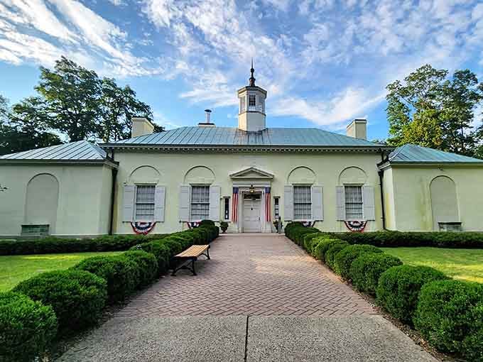 Symmetrical elegance and patriotic bunting dress up this classical building like it's ready for a presidential visit.
