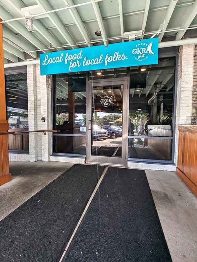 Those glass doors and bright turquoise sign invite you inside for honest cooking that celebrates regional ingredients and traditions.