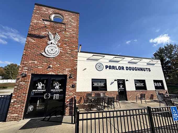 Modern architecture meets timeless doughnut craftsmanship where innovation respects tradition with every flaky layer created inside.