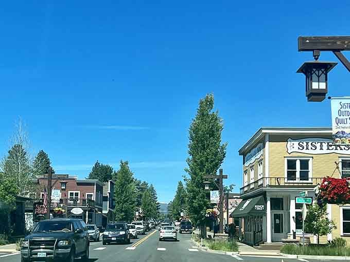 The Three Sisters mountains provide a stunning backdrop to this perfectly themed frontier-style main street.