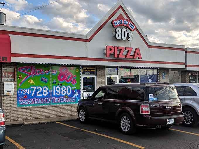 Under those dramatic clouds, this time capsule promises pizza perfection with a side of totally tubular memories.
