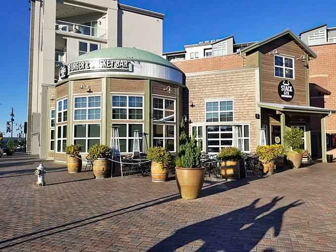 Morning light reveals the architectural charm of a place where serious burgers share billing with serious spirits selection.