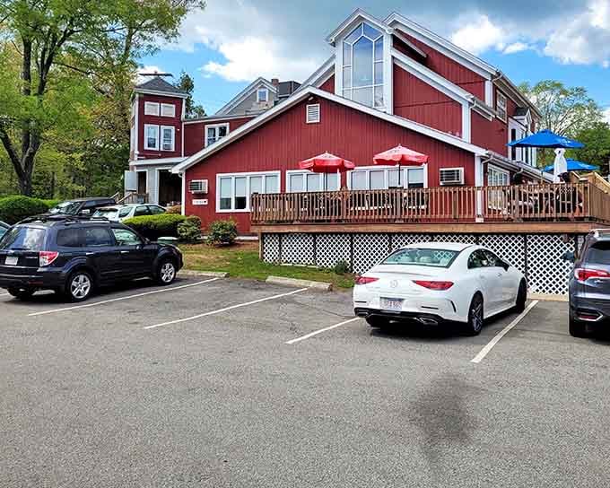 Red umbrellas on the deck and a full parking lot tell you everything you need to know about this beloved local gathering spot.