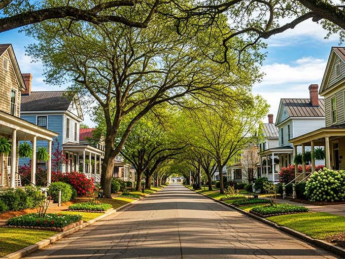 Tree-lined streets create a tunnel of green leading to stately homes that look picture-perfect but feel oddly deserted.