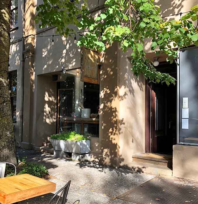 Dappled sunlight dances across concrete and greenery, creating the perfect backdrop for a leisurely farm-to-table feast.