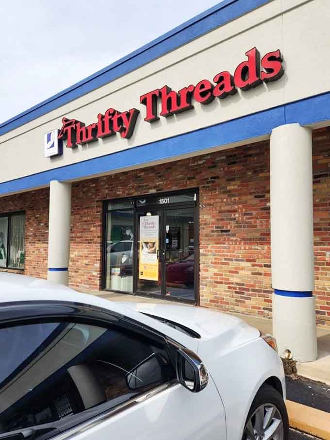 That bold red signage against blue trim creates a cheerful beacon for thrifty shoppers seeking quality finds at sensible prices.