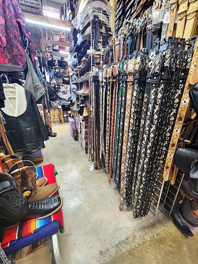 Belts dangle like leather waterfalls, offering enough buckle options to satisfy even the pickiest rodeo champion's standards.