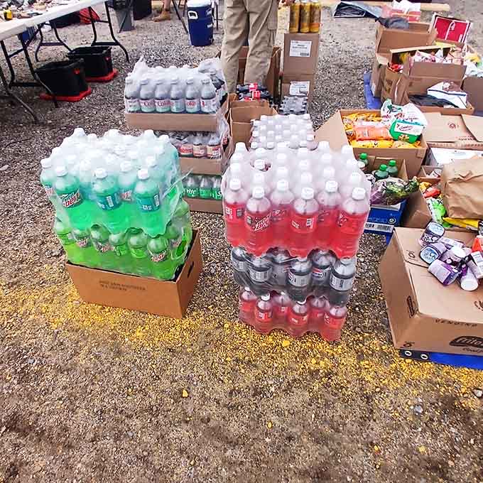 Stacks of beverages keep shoppers hydrated during their treasure hunting marathon through the endless vendor rows.