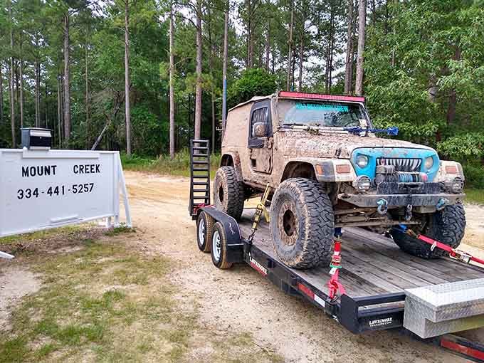 That mud-caked Jeep on the trailer suggests Mount Creek Adventure Park takes the "adventure" part seriously, folks.