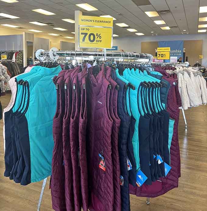 Puffer vests in every shade of the rainbow, perfect for Minnesota's eleven months of winter preparation.