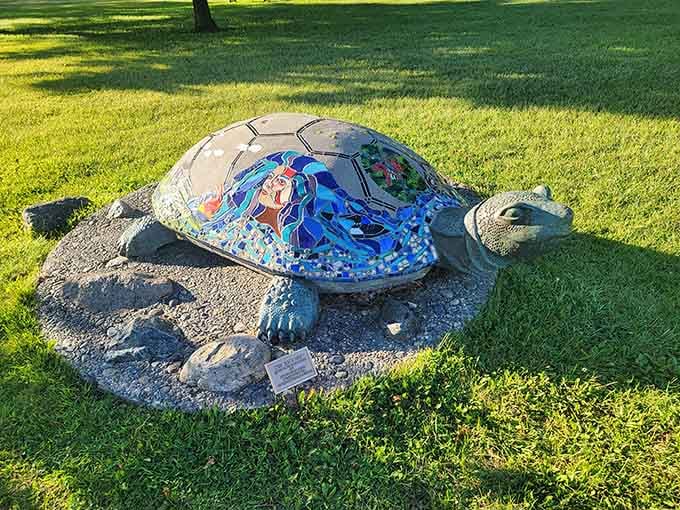 This mosaic turtle moves at exactly the speed you'd expect: permanently paused but absolutely stunning in the sunlight.