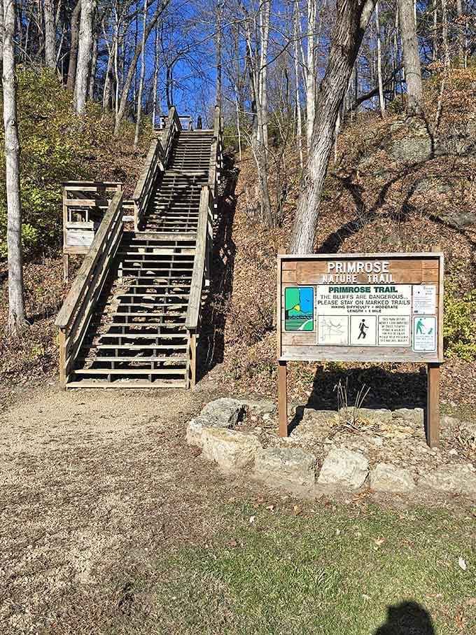 The Primrose Trail stairway promises adventure above, where the bluffs reveal their most dramatic secrets.