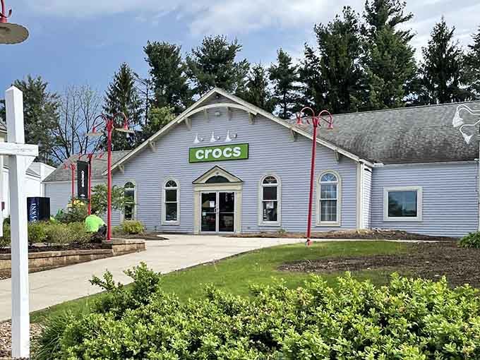 The Crocs store sits charming as a cottage, making comfortable footwear look downright respectable and architectural.