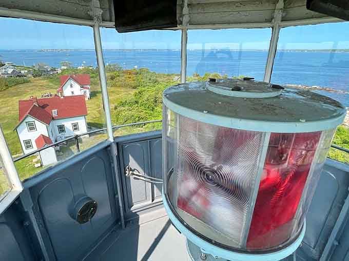 Inside the lantern room, that red lens has been guiding ships home longer than GPS has existed.