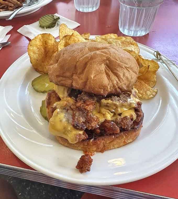 The Sloppy Bro with kettle chips shows that some sandwiches are meant to be eaten with both hands.