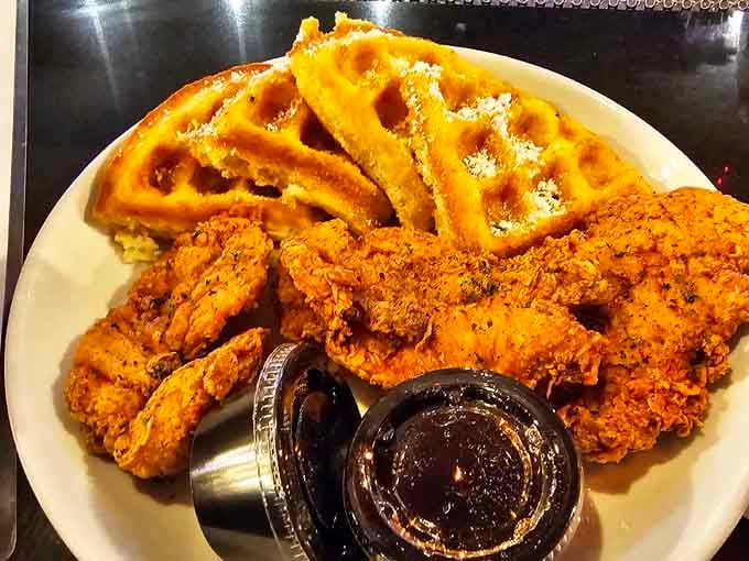 Chicken and waffles done right, crispy and golden, fuel for marathon gaming sessions or leisurely brunches.