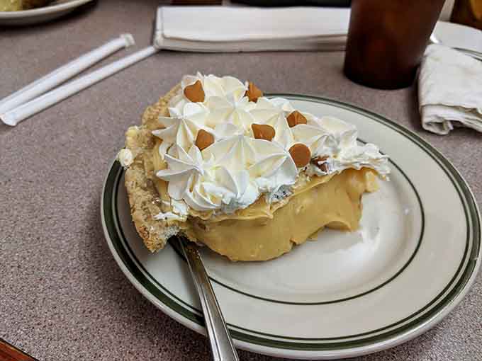 Butterscotch cream pie crowned with whipped cream and toffee bits, because subtlety is overrated when dessert's involved anyway.