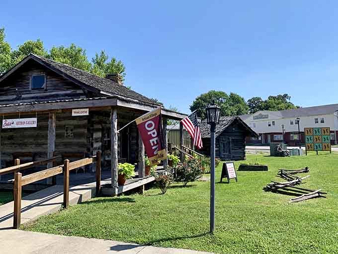 Rustic log cabins house working artisan studios where tradition meets creativity in the most authentic way possible.