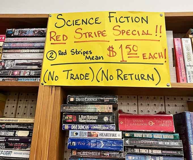 Science fiction with red stripes means bargain prices, because even budget-conscious readers deserve intergalactic adventures and time travel.