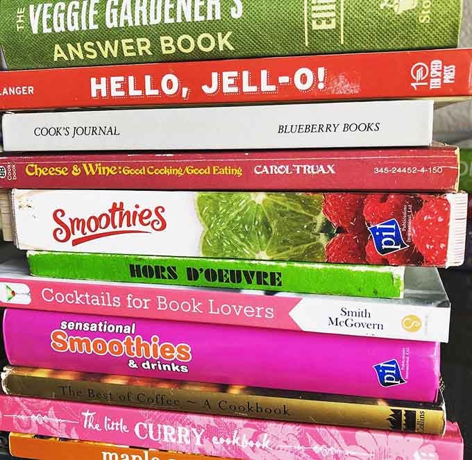 Cookbooks ranging from Jell-O creations to smoothies, because every culinary era deserves representation and gentle mockery.