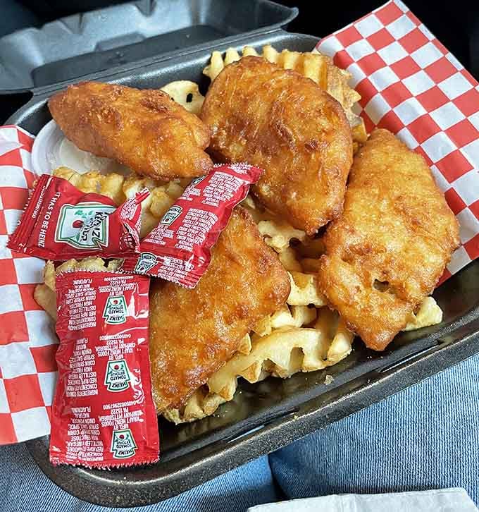 Fish and chips with waffle fries, because sometimes the Pacific Northwest does comfort food better than anyone else.