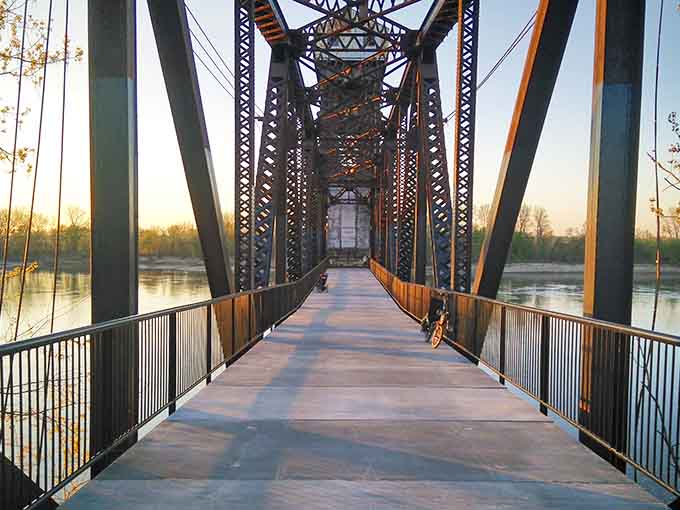 Walking across this historic Katy Trail bridge feels like stepping into a postcard of Missouri River country beauty.