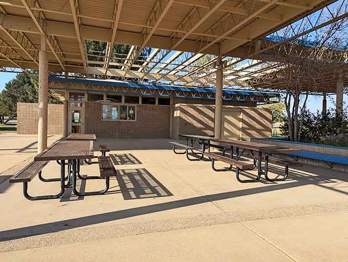 Covered pavilions provide blessed shade and picnic tables, turning lunch into a civilized affair despite the sand.