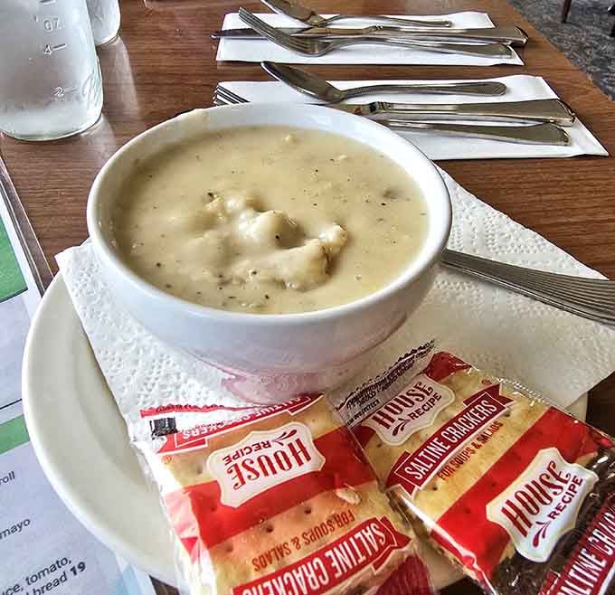 Clam chowder thick enough to stand a spoon in, creamy and loaded with actual clams, not promises.