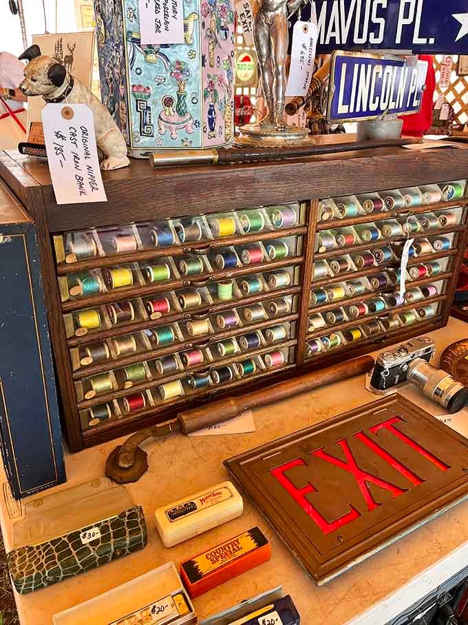 That antique thread cabinet holds more organizational potential than any modern storage solution could dream of achieving.