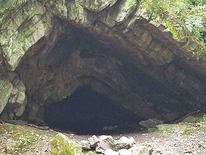 A mysterious rock overhang creates a natural shelter, sparking imagination about what stories these stones could tell.
