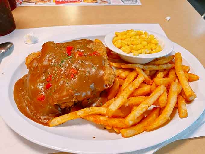 Country fried steak smothered in gravy with fries that'll make you forget whatever diet you were on.