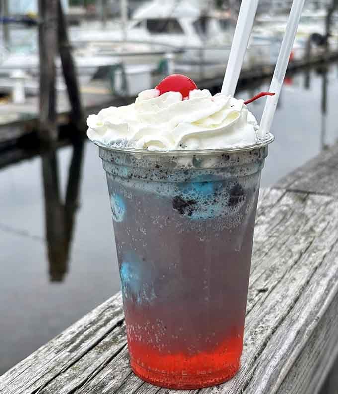 This patriotic float situation looks like Superman crashed into a cherry limeade and everyone came out winning in the end.