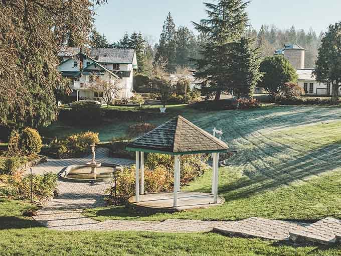 Manicured grounds where frost kisses the grass and reminds you that nature's still the best decorator around.