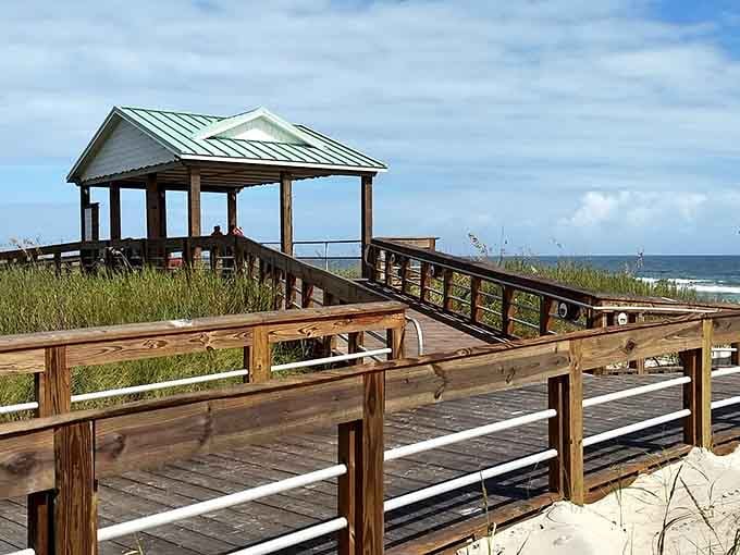 Shaded pavilions offer respite from the Carolina sun, perfect for catching your breath between beach adventures and boardwalk treats.