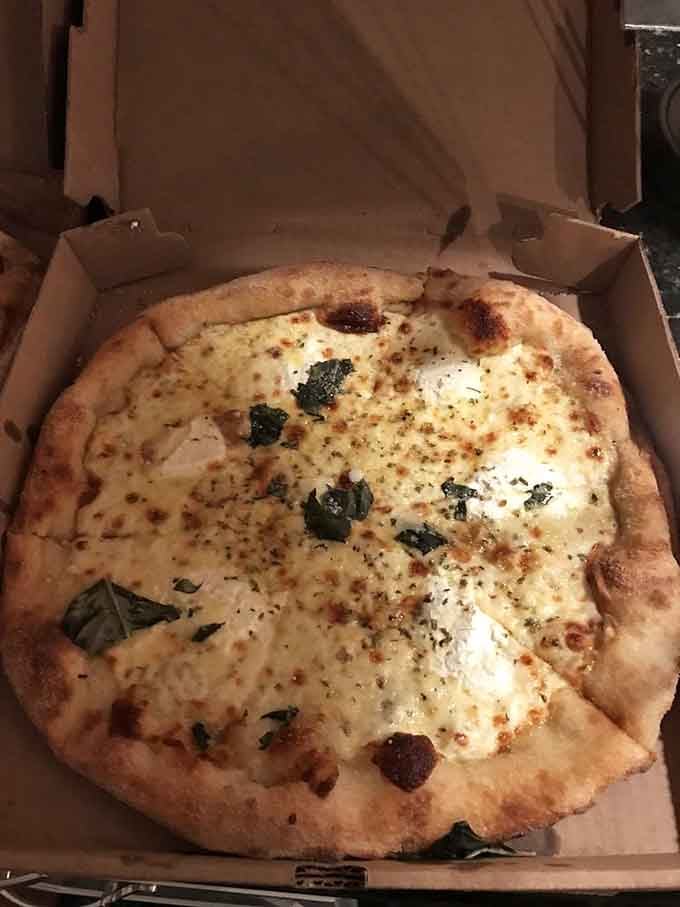 Creamy white pizza with herbs and cheese shows that tomato sauce is entirely optional for pizza greatness.