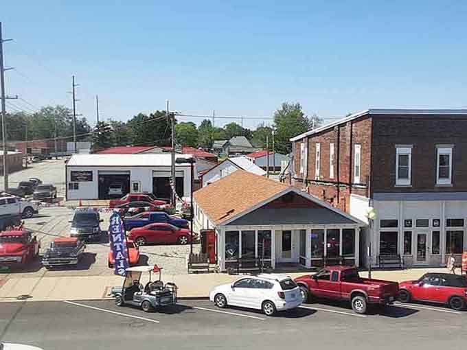 Downtown Casey looks charmingly normal until you spot the oversized attractions peeking above the historic brick buildings everywhere.