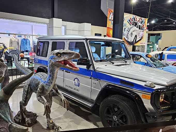 This Mercedes survived dinosaur encounters in Jurassic World, now safely displayed without raptors lurking nearby.