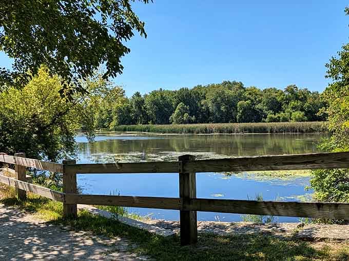 Peaceful waters framed by lush greenery prove that 24 acres can hold more beauty than parks ten times larger.