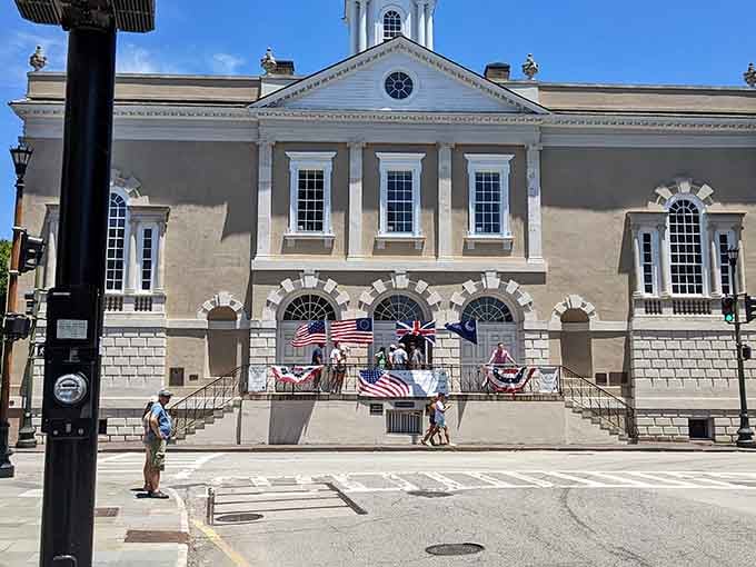 The Old Exchange's patriotic bunting celebrates a building where revolution was plotted and history was made.