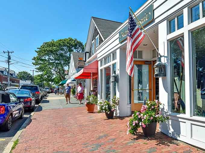 American flags and flower pots line streets where the biggest traffic jam involves someone parallel parking their Subaru Outback.