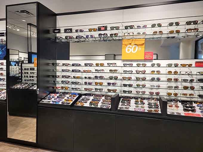 Sunglasses lined up like soldiers, ready to protect your eyes while making you look mysteriously cool and vaguely famous.