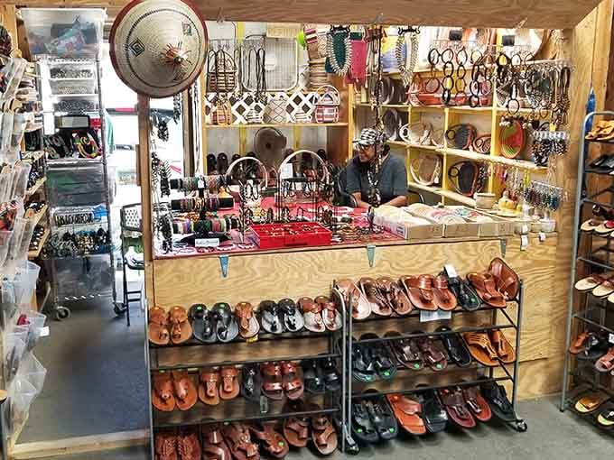 Shoes and accessories overflow from every shelf, proving one person's closet cleanout is another's jackpot.