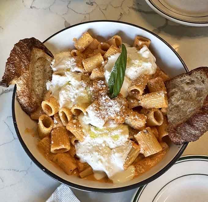 Rigatoni swimming in creamy vodka sauce, topped with fresh mozzarella, because sometimes pasta is the answer.